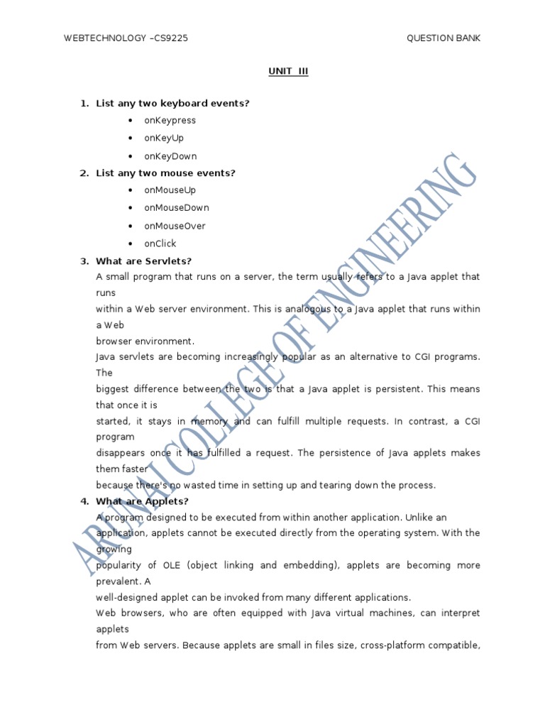 Unit Three Question Bank Final | PDF | Java Servlet | Java Server Pages