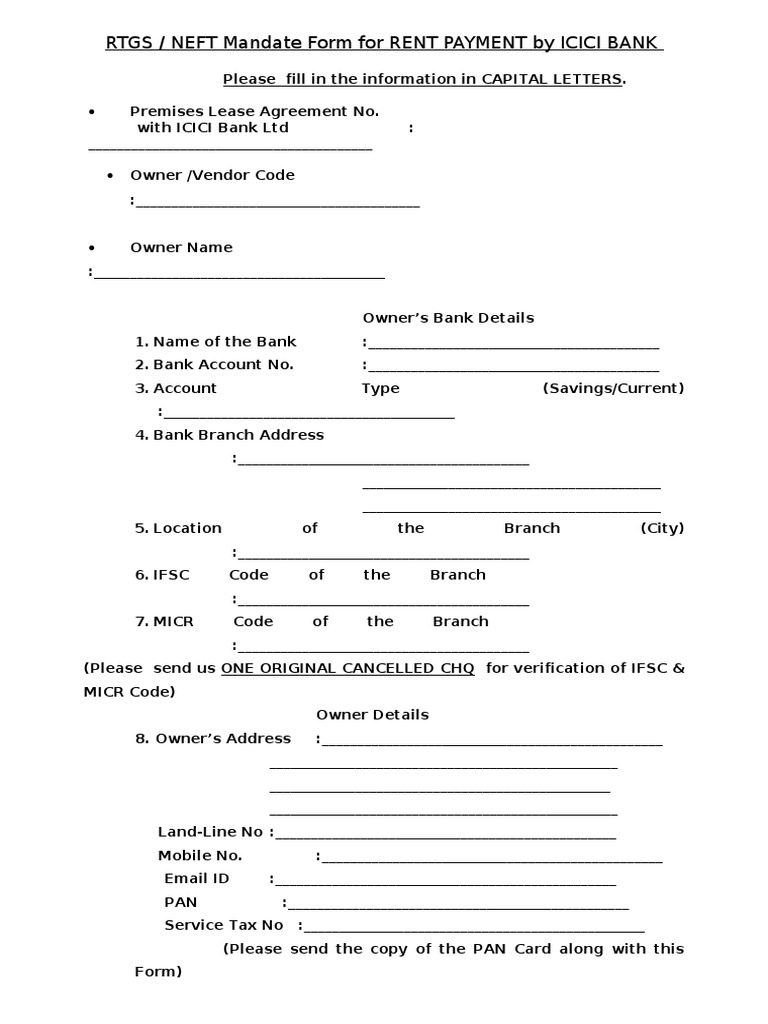 Rtgs / Neft Mandate Form For Rent Payment by Icici Bank | PDF