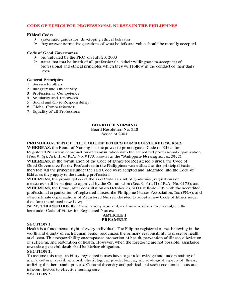 Code of Ethics For Professional Nurses in The Philippines | Nursing ...