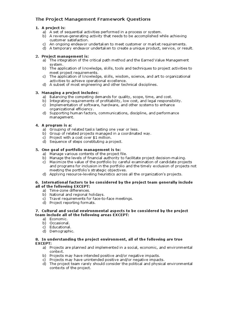 Project Management Framework Questions | PDF | Project Management ...