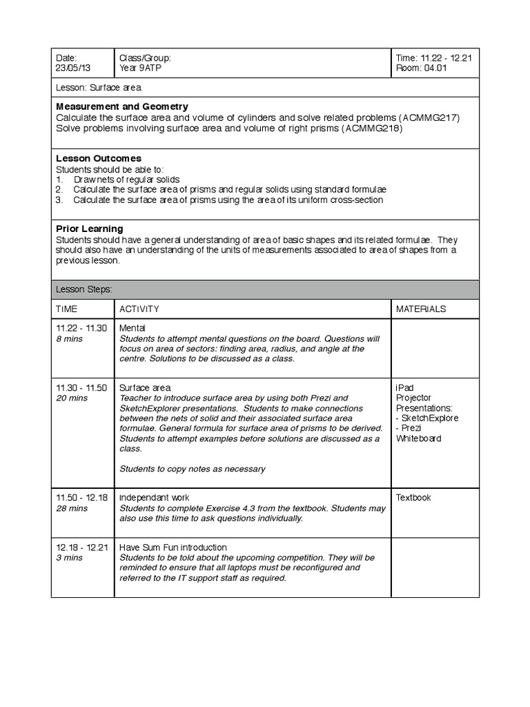 Year 9 Surface Area Lesson Plan | PDF | Art | Technology & Engineering