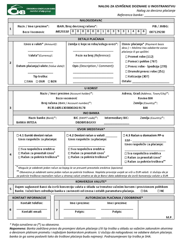 Nalog Za Izvršenje Doznake U Inostranstvu V 1 30 | PDF