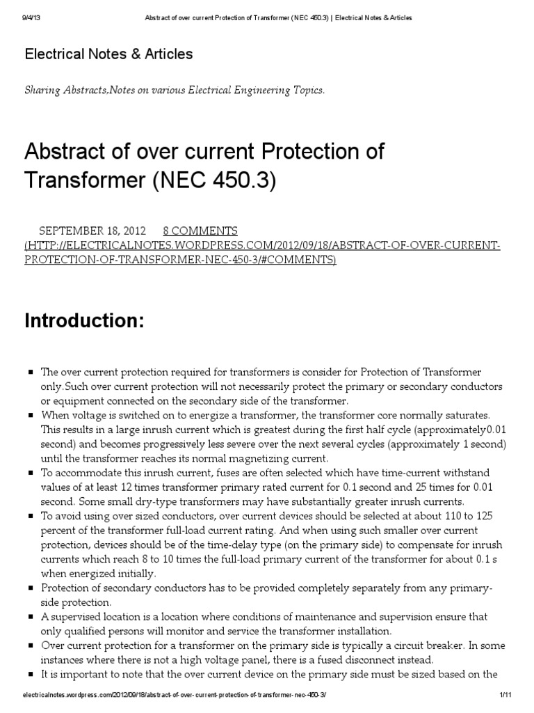 Abstract of Over Current Protection of Transformer (NEC 450 | Fuse ...