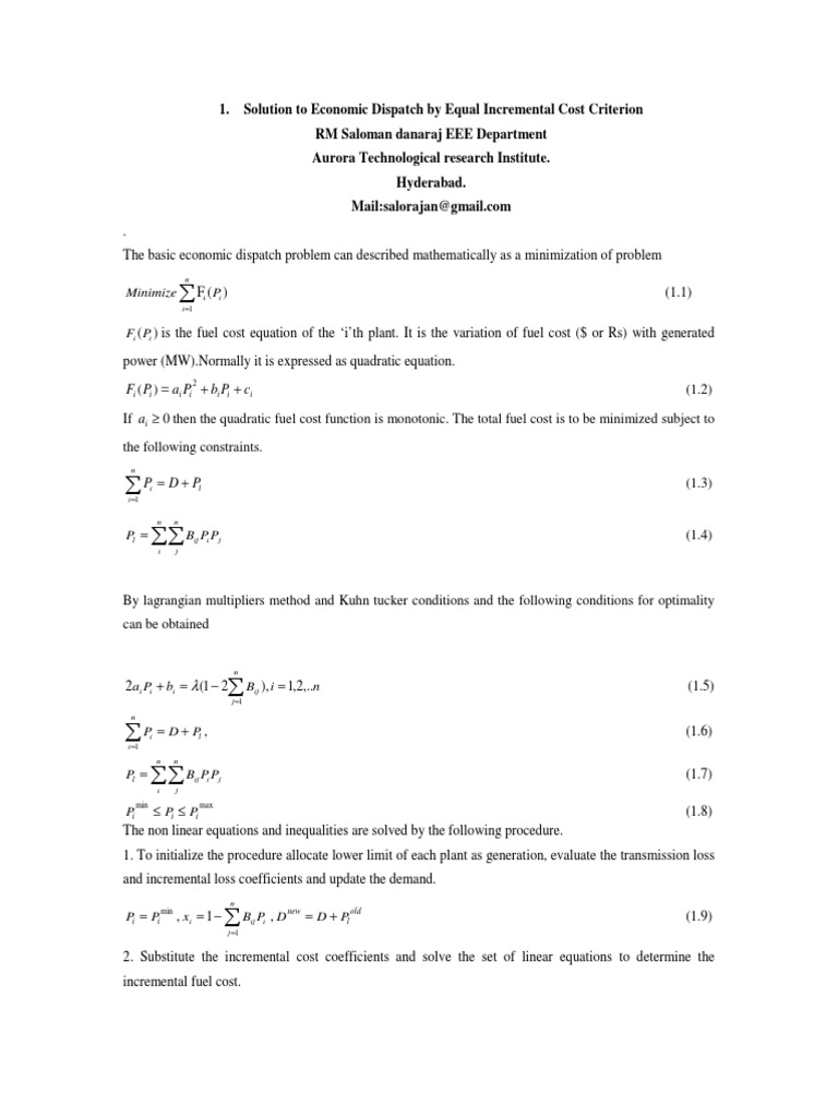 Solution To The Economic Dispatch Problem Using Quadratic Programming And The Equal Incremental