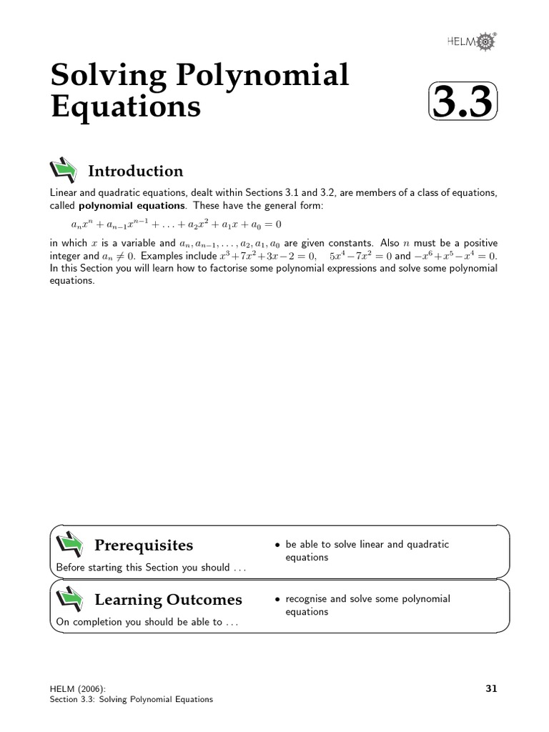 Solving Polynomial Equations | PDF | Factorization | Equations