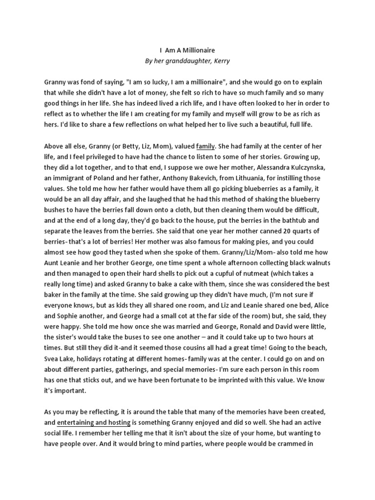 I Am A Millionaire-Elizabeth Stromberg Eulogy 9.10.13 | PDF | Leisure