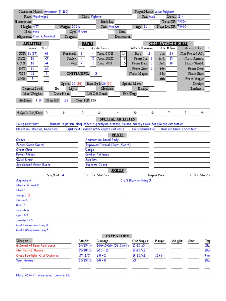 The Mighty Warforged Fighter: A Detailed Character Sheet for Arwenten ...