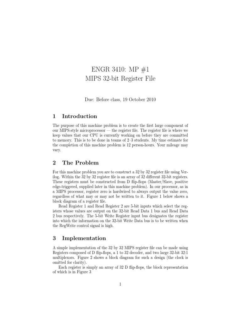 ENGR 3410: MP #1 MIPS 32-Bit Register File: Due: Before Class, 19 October 2010 | PDF | Computer ...