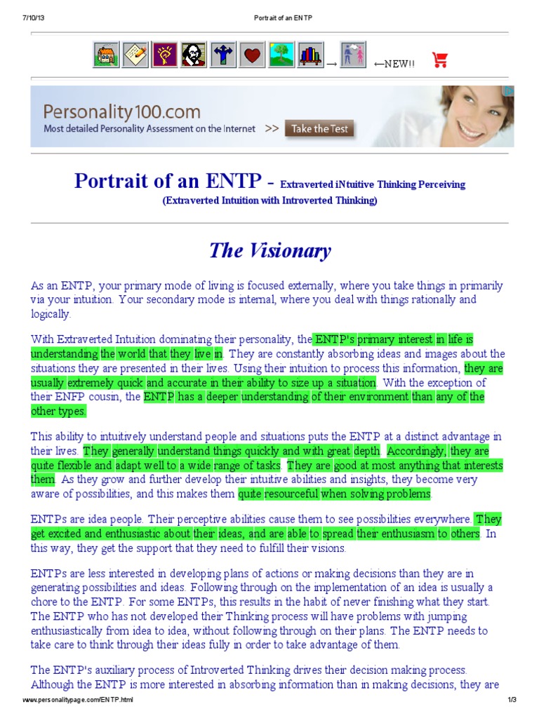 Portrait of An ENTP - : The Visionary | PDF | Intuition | Behavioural ...