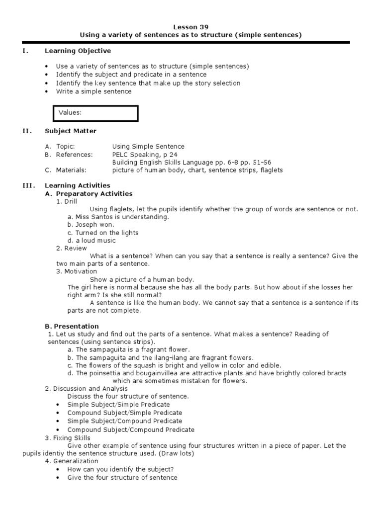 Lesson Plan on Using Simple Sentences with Different Structures to ...