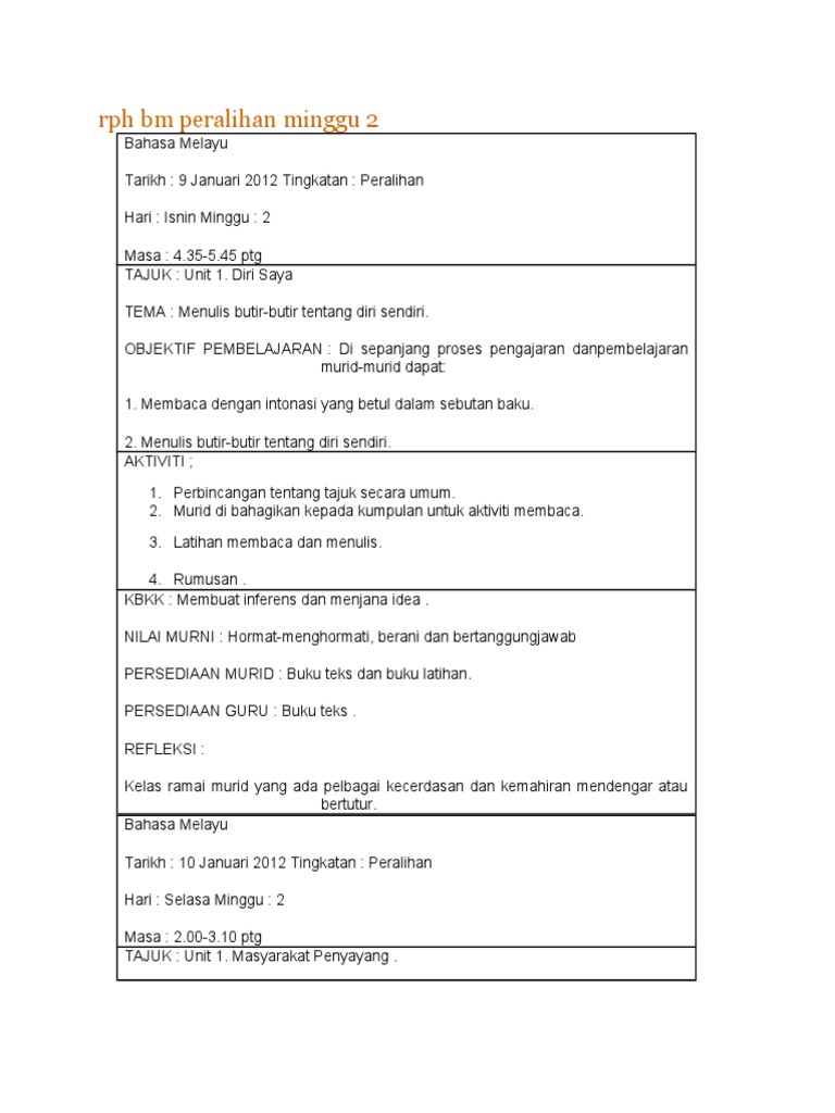 RPH BM Peralihan Minggu 2 | PDF