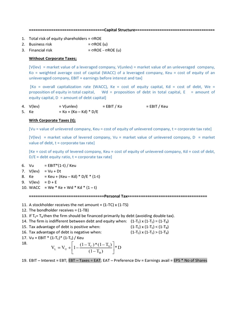 Corporate Finance - Formulas | PDF | Cost Of Capital | Dividend