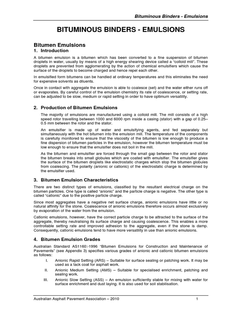 Bituminous Binders - Emulsions | PDF | Road Surface | Asphalt