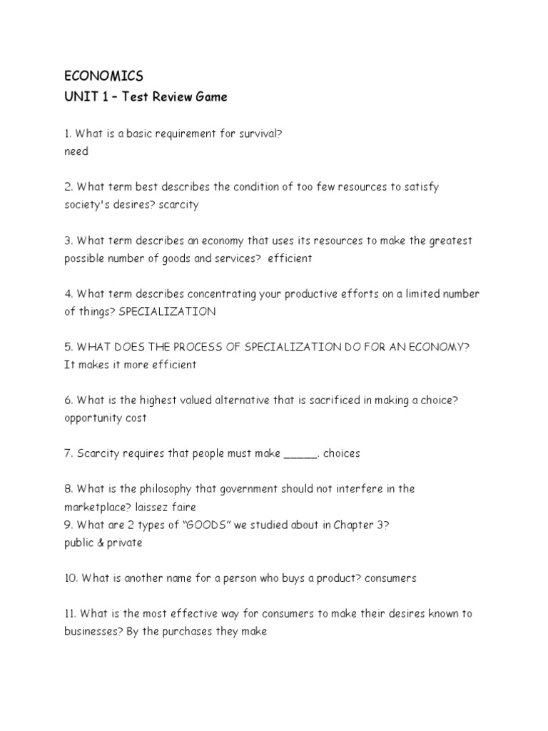 Economics UNIT 1 - Test Review Game | PDF | Economic System | Good ...