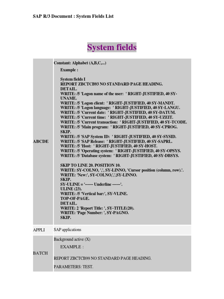 SAP R/3 Document: System Fields List | Download Free PDF | Variable ...