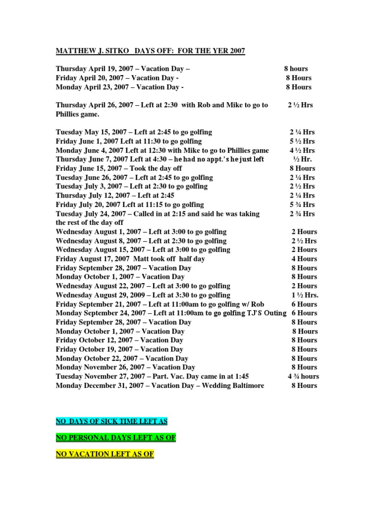 2007 Vacation and Time Off Log | PDF