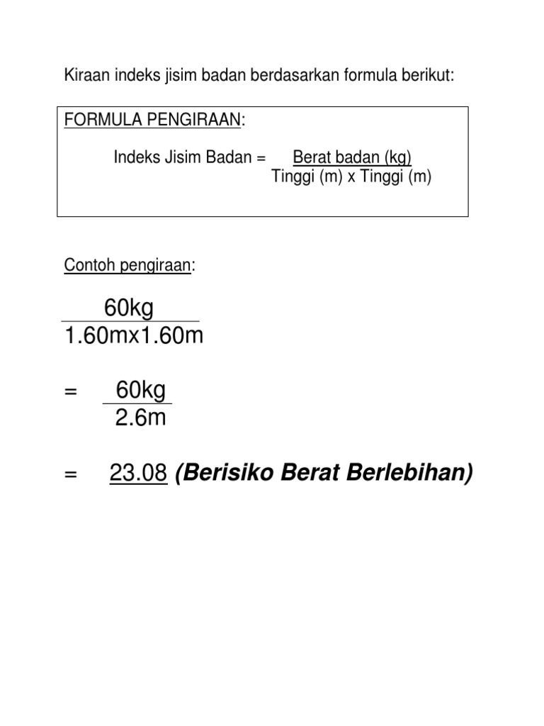 Kiraan Indeks Jisim Badan Berdasarkan Formula Berikut | PDF