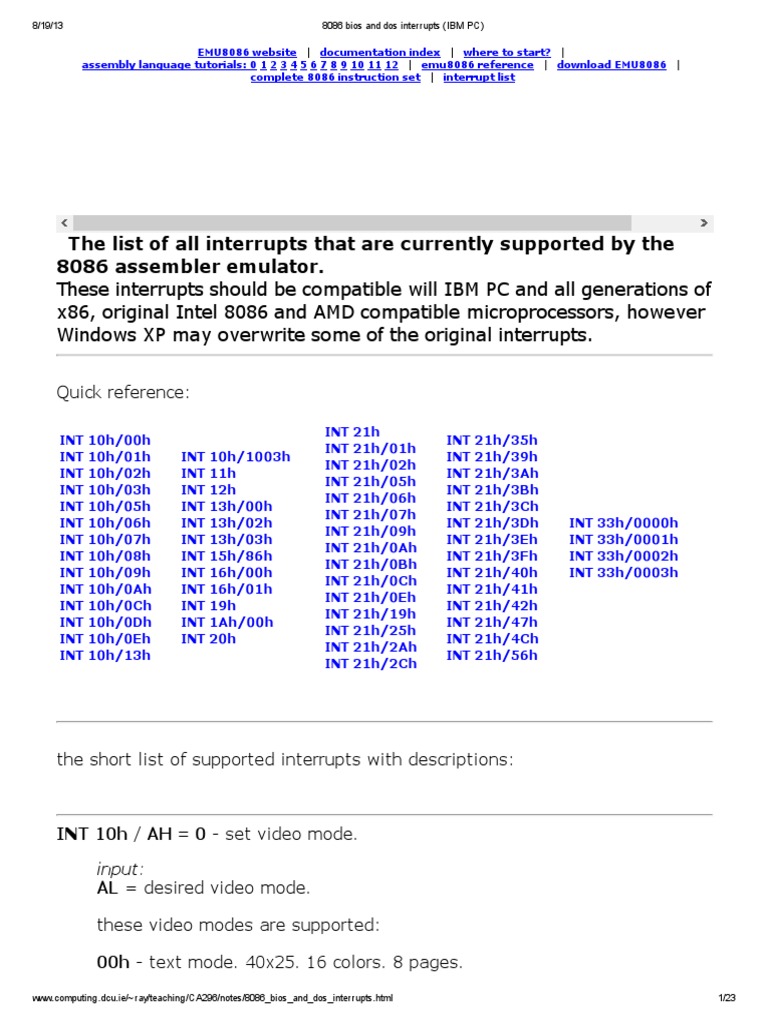 8086 Bios and Dos Interrupts (IBM PC) | PDF | Bios | Dos