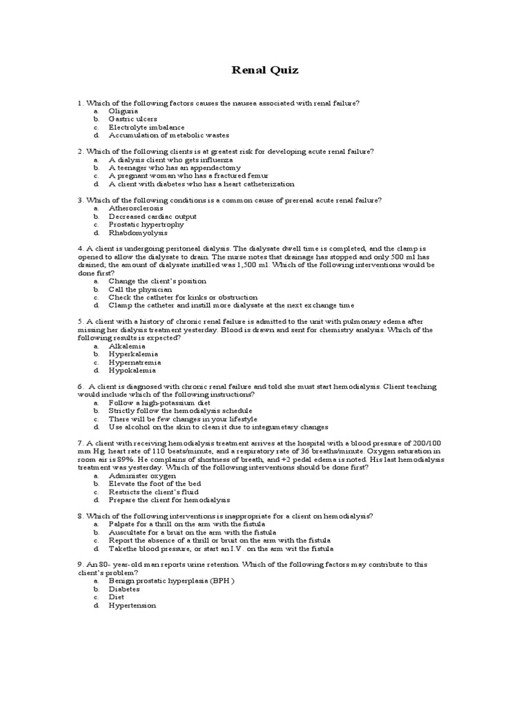 Renal Quiz | PDF | Dialysis | Hemodialysis