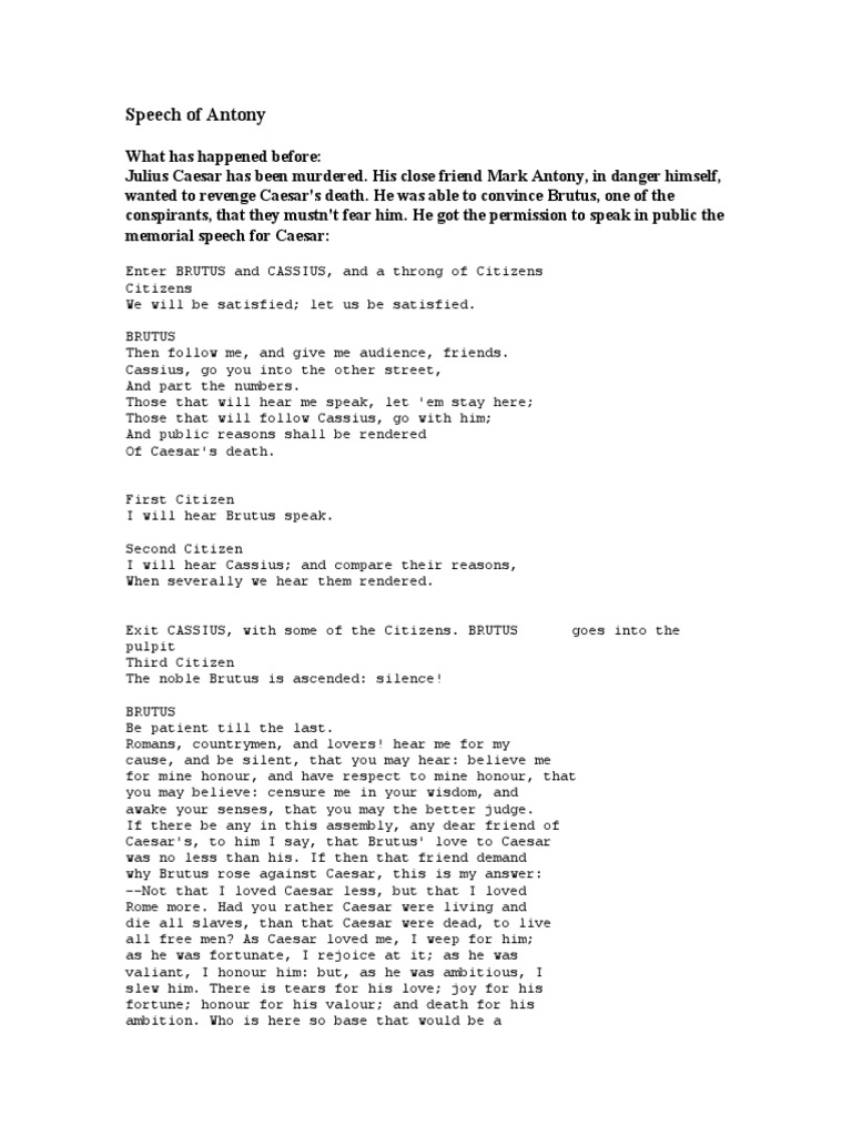 Speech of Antony | PDF | Marcus Junius Brutus The Younger | Julius Caesar