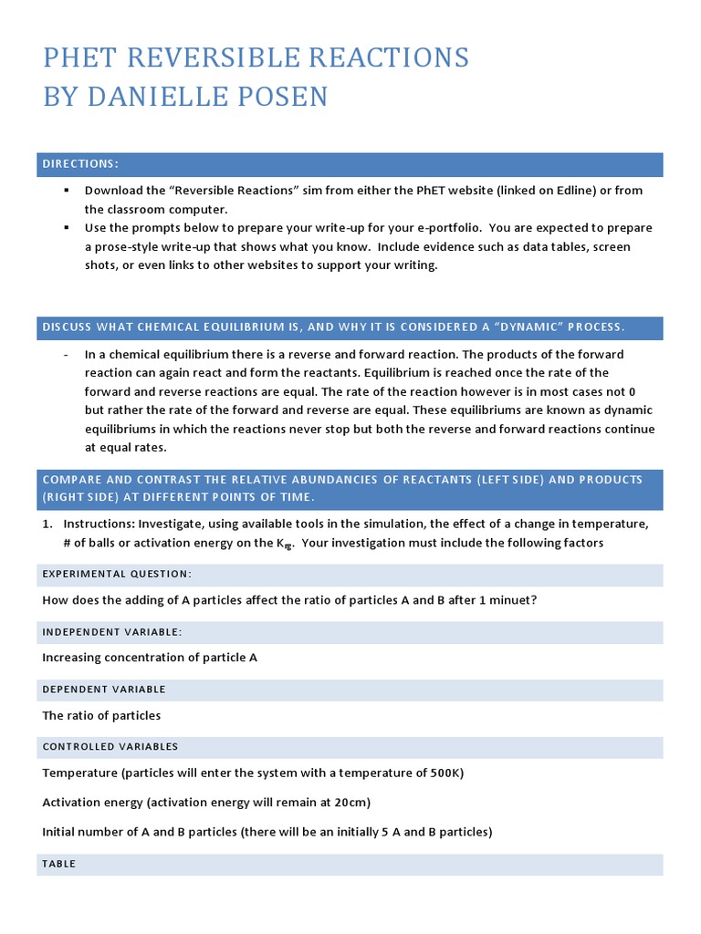 PhET Simulation: Reversible Reactions Analysis | PDF | Chemical ...
