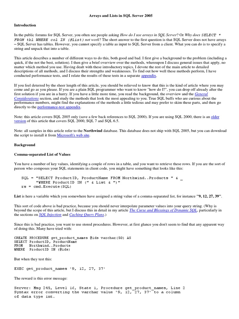 Arrays And Lists In Sql Server 2005 Pdf Sql Subroutine
