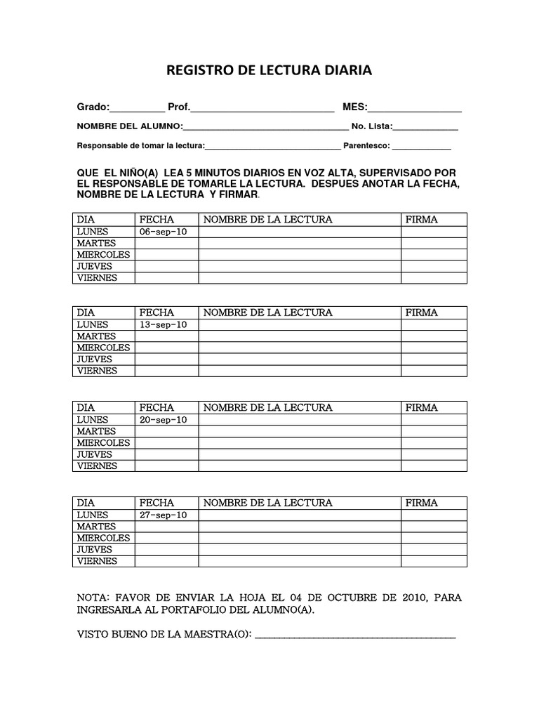 Registro de Lectura Diaria para Niños | PDF