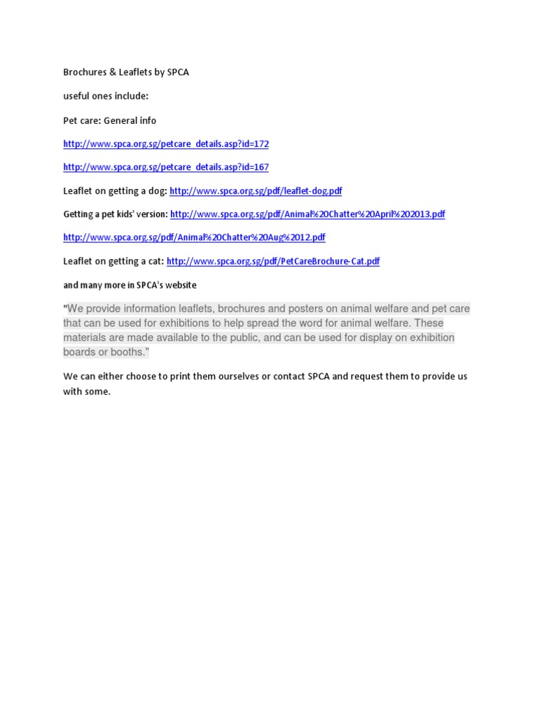 Brochures & Leaflets by SPCA Useful Ones Include: Pet Care: General ...