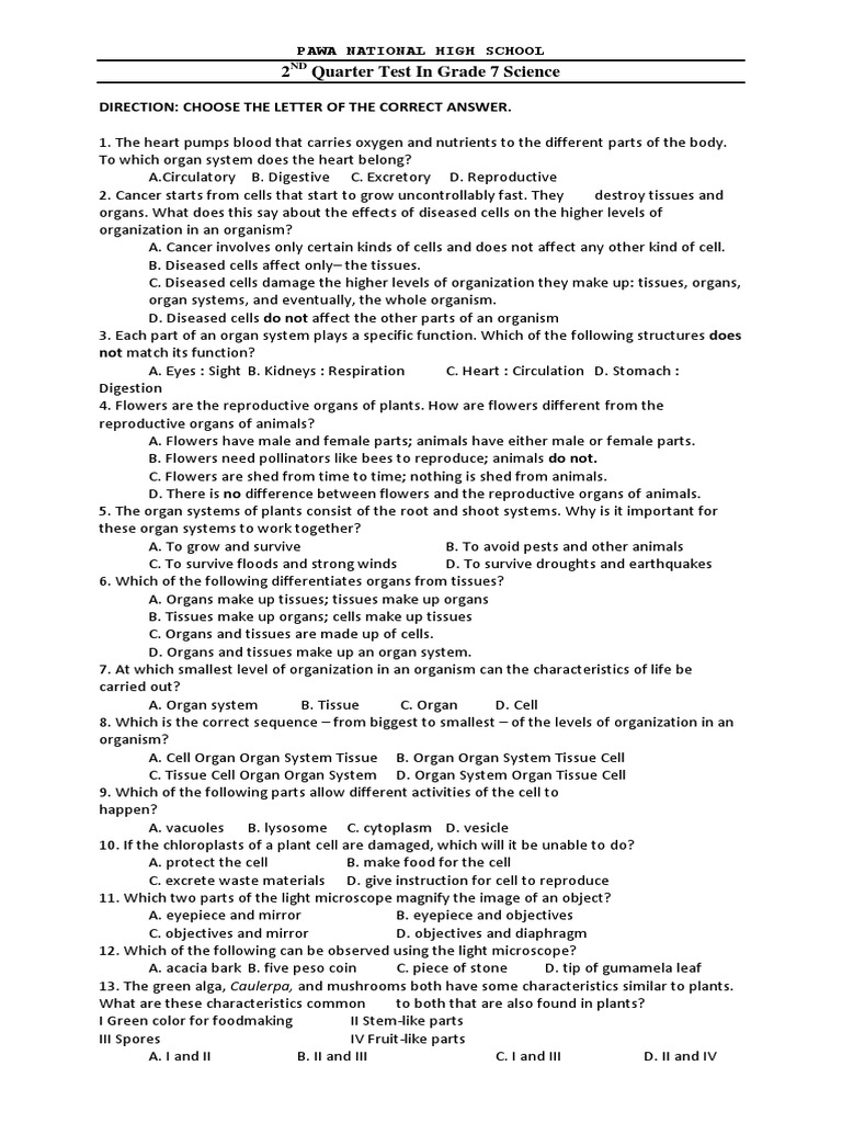 Grade 7 Exam in Science | PDF | Plants | Tissue (Biology)