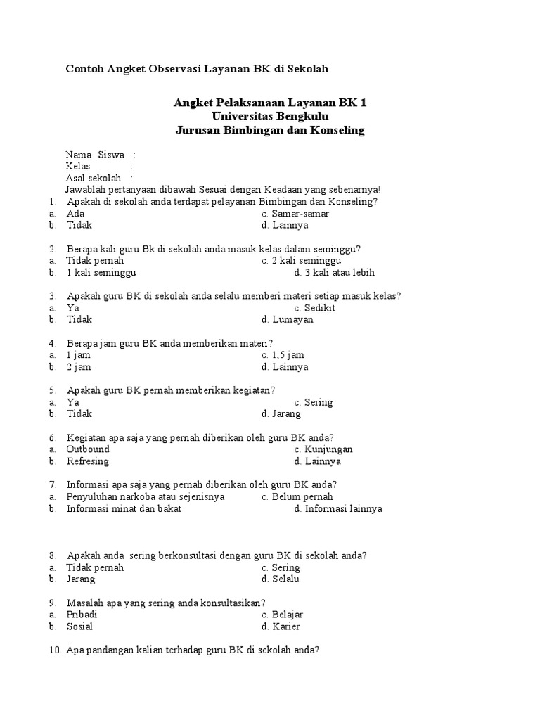 Contoh Angket Observasi Layanan BK Di Sekolah | PDF
