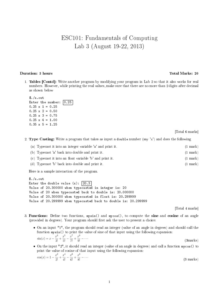 ESC101: Fundamentals of Computing Lab 3 (August 19-22, 2013) | PDF | Trigonometric Functions ...