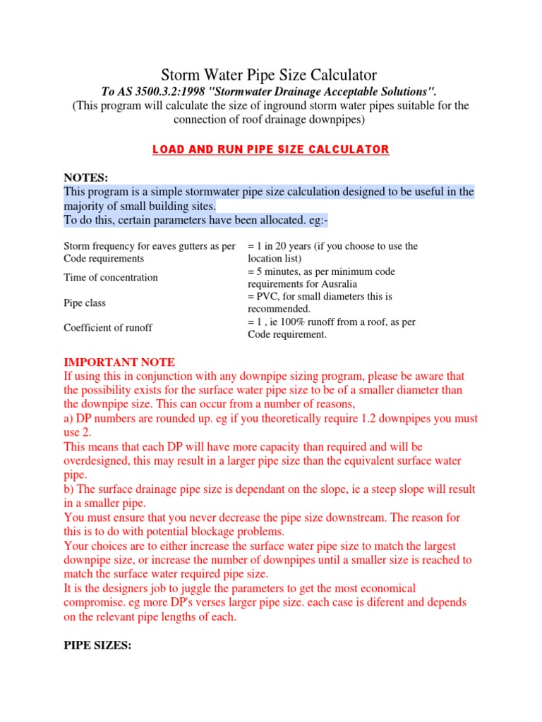 Storm Water Pipe Size Calculator Guide | PDF | Stormwater | Surface Runoff