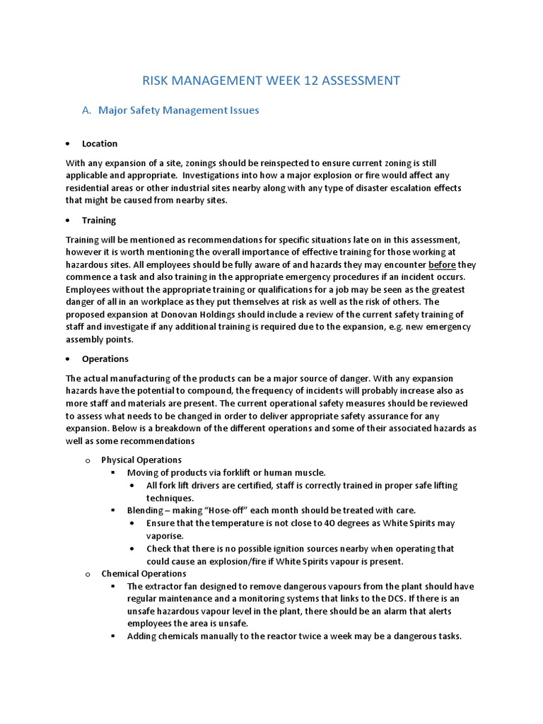 Risk Management Week 12 Assessment | PDF | Risk Management | Emergency