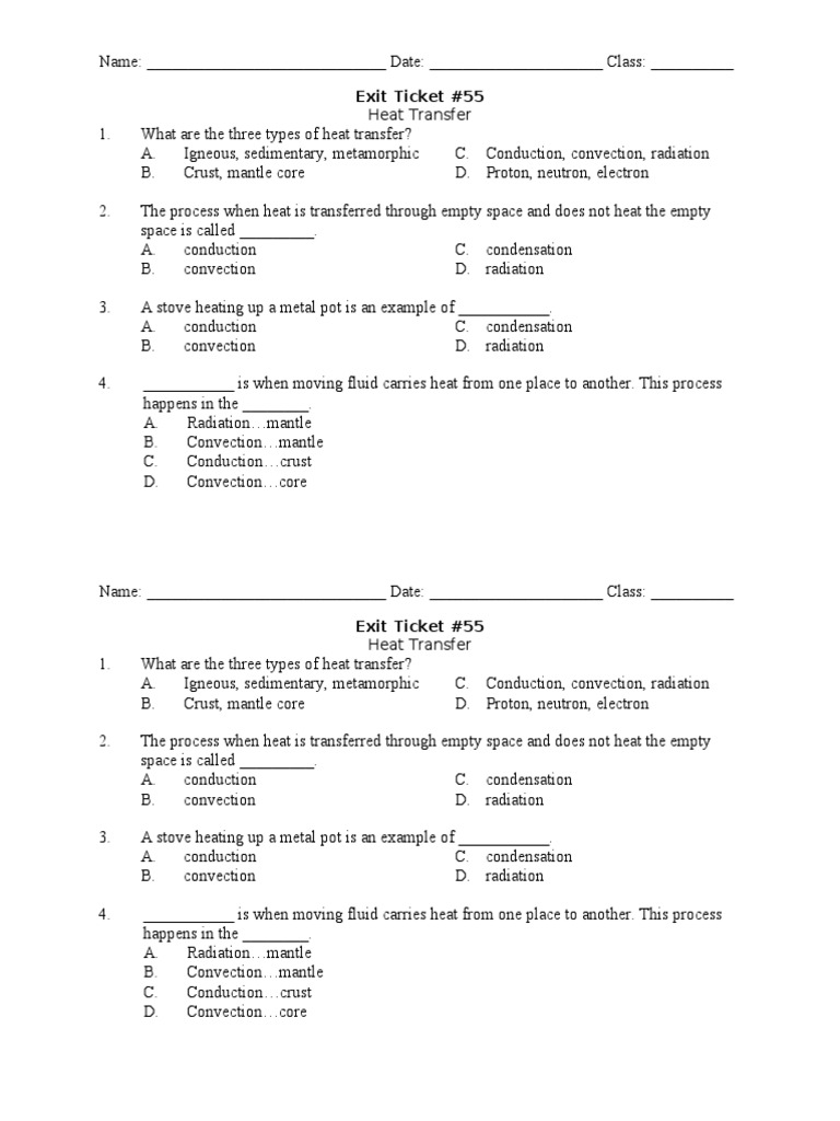 Exit Ticket #55 Heat Transfer | PDF | Heat Transfer | Thermal Conduction