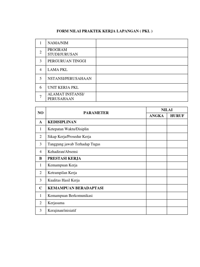 Form Nilai PKL BSI | PDF