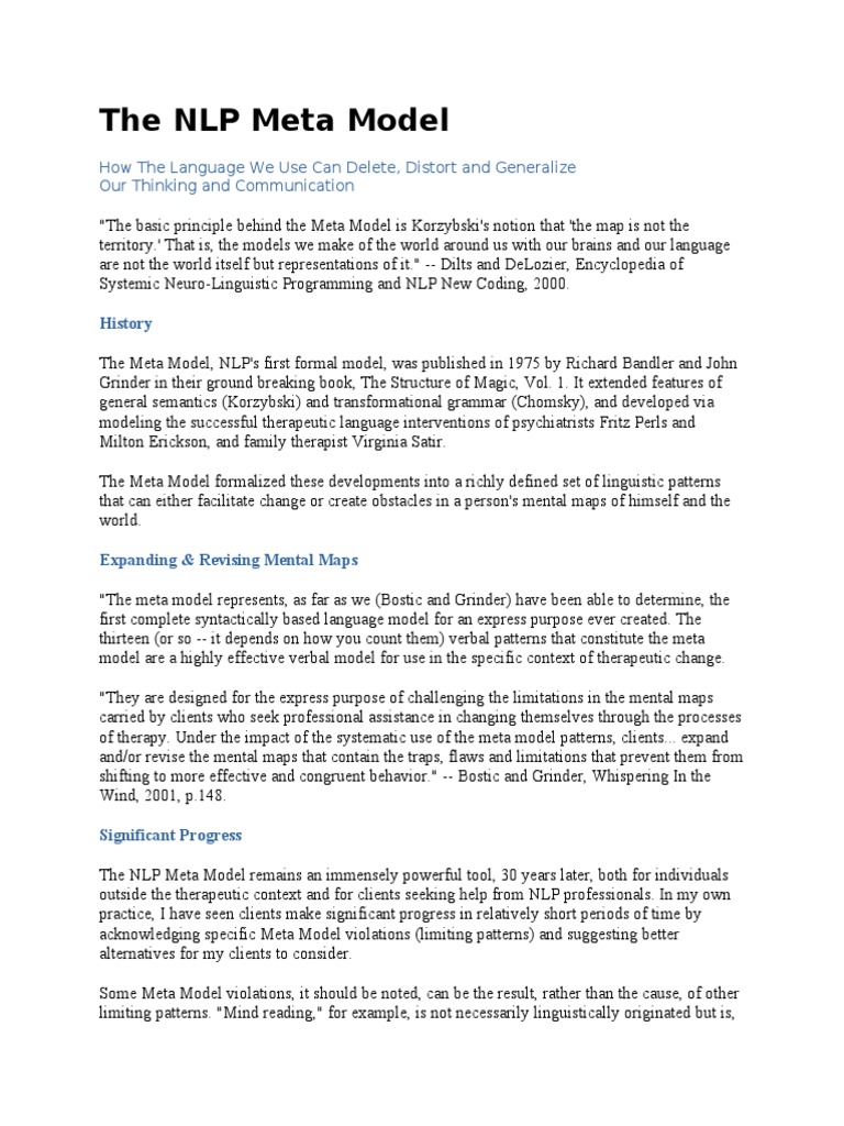 The NLP Meta Model | PDF | Neuro Linguistic Programming | Cognitive Science