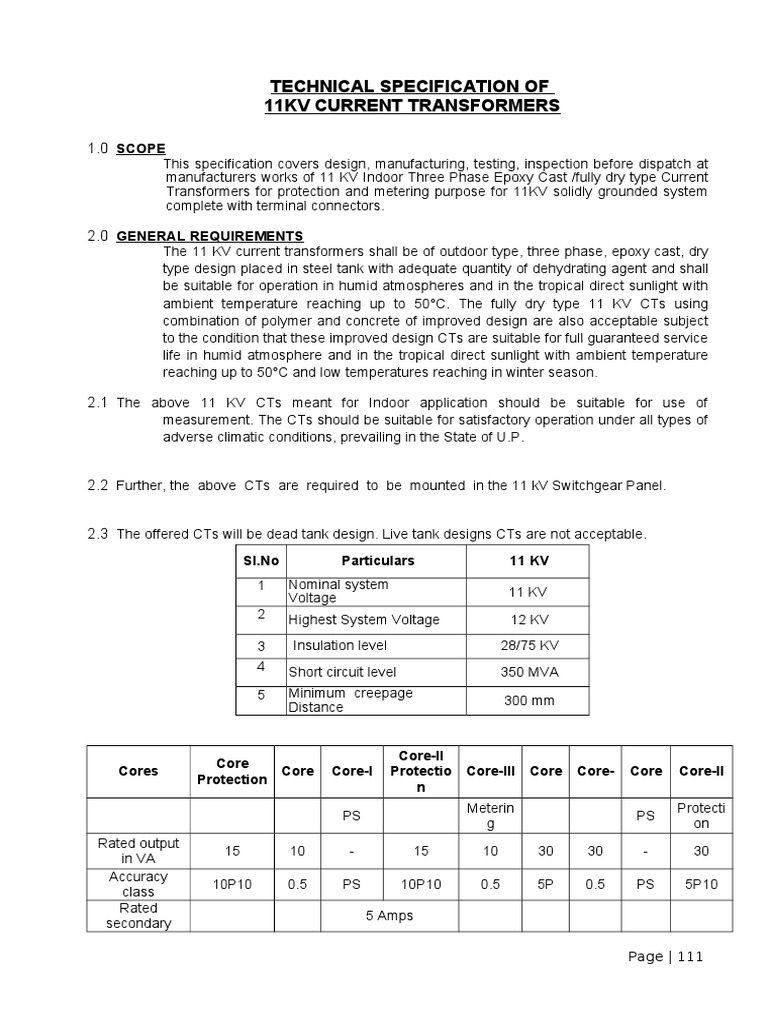 7.technical Specification of 11kv Current Transformer | PDF ...