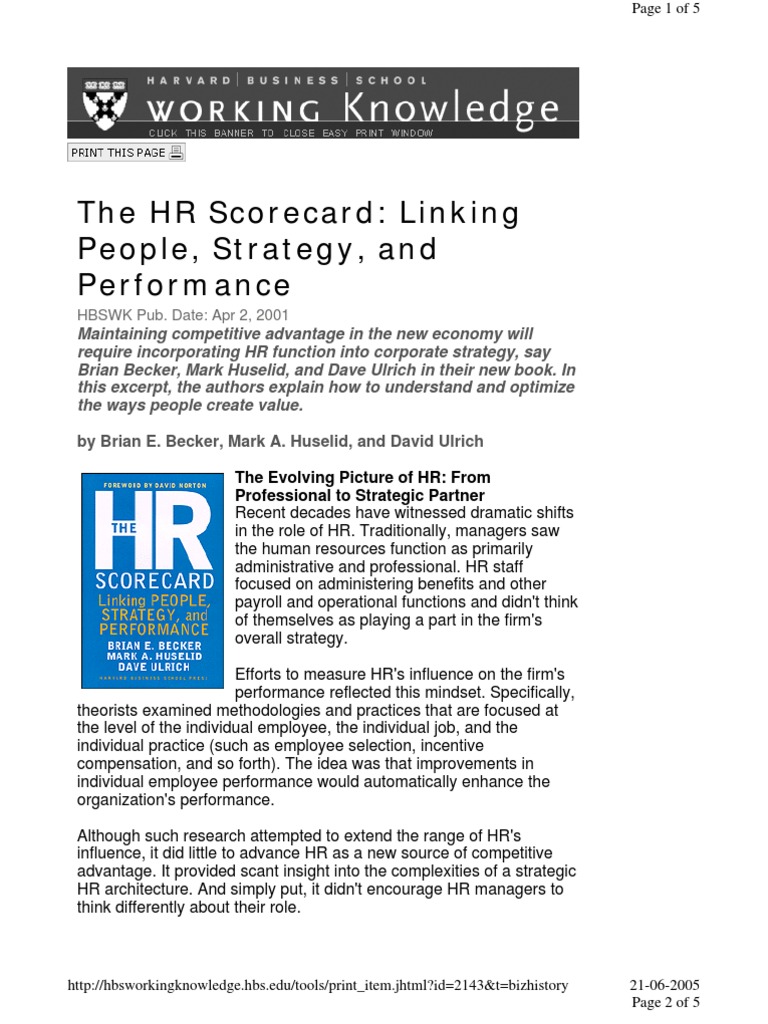 The HR Scorecard Linking People Strategy and Performance | PDF | Human ...