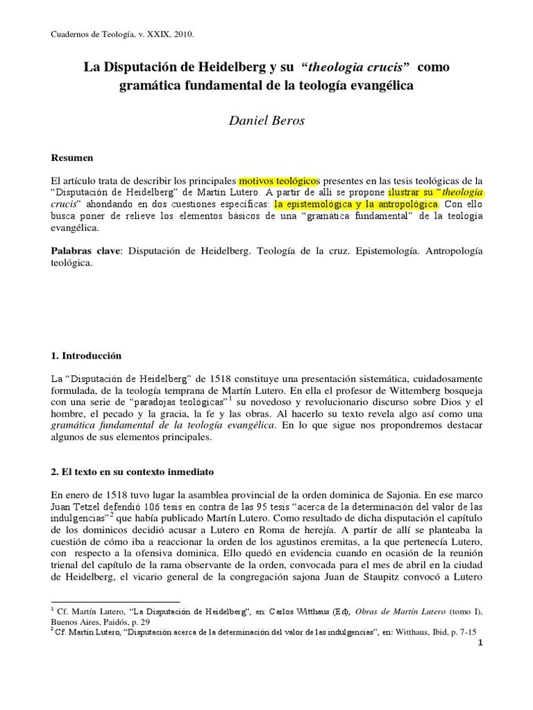 La Disputación de Heidelberg y Su "Theologia Crucis" Como Gramática ...