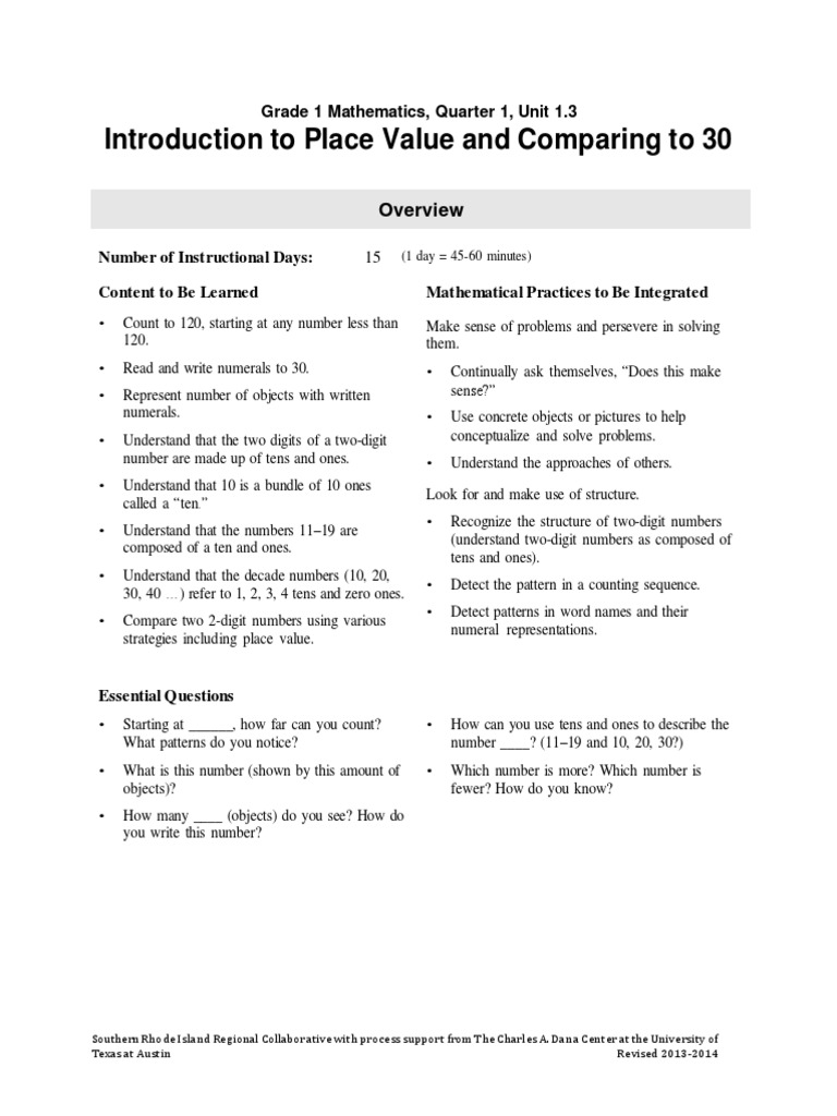 Grade 1 Sorico Math Unit 1 3 2013-2014 | PDF | Common Core State ...