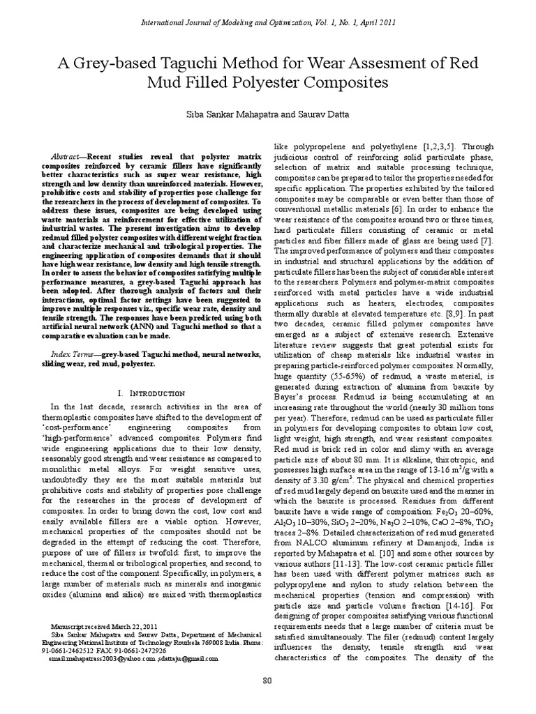 A Grey-Based Taguchi Method For Wear Assesment of Red Mud Filled ...