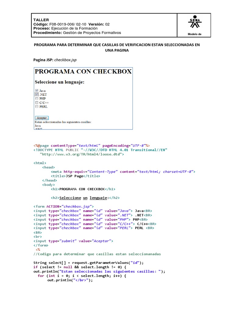 Uso de Checkbox | PDF | Páginas del servidor Java | Programa de computadora