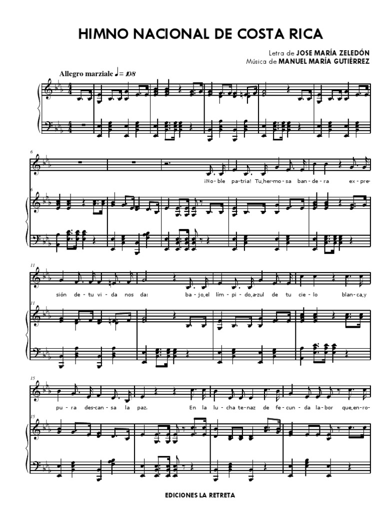 Himno Nacional de Costa Rica - Canto y Piano Partitura | Chansons ...