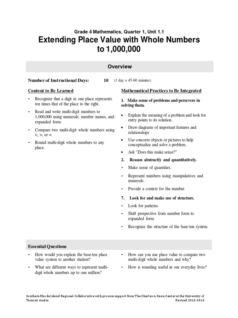 Grade 4 Math: Place Value to 1,000,000 | PDF | Numbers | Teaching ...