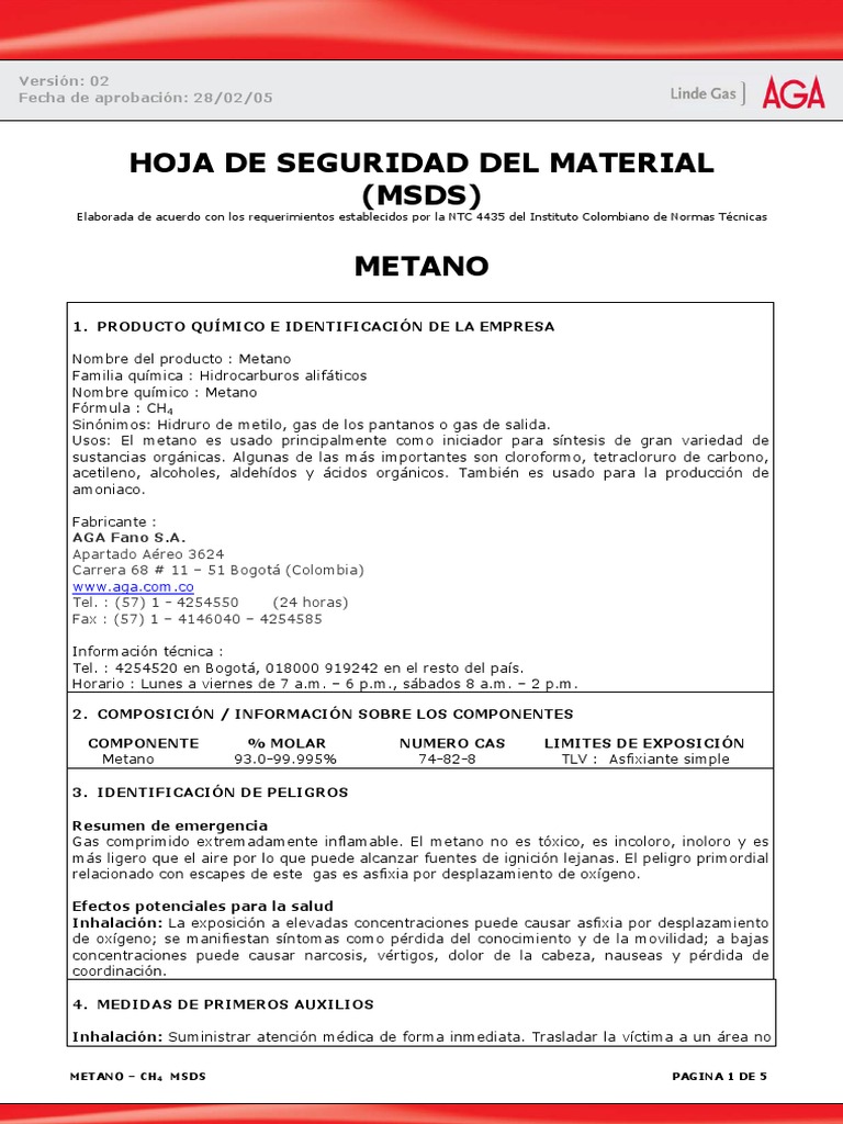 Hoja Seguridad Metano | PDF | Metano | Oxígeno