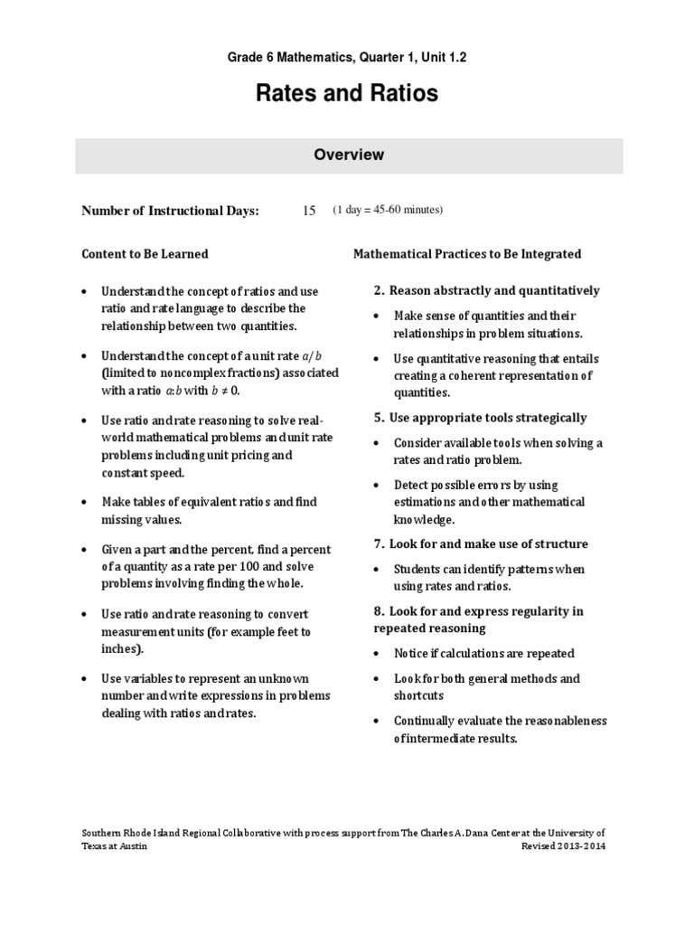 Grade 6 Math: Rates and Ratios Unit | PDF | Ratio | Percentage