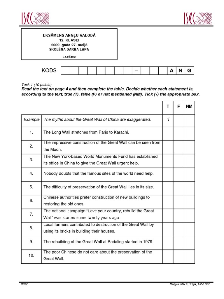 Year 12 national exam in English as a foreign language (2009)