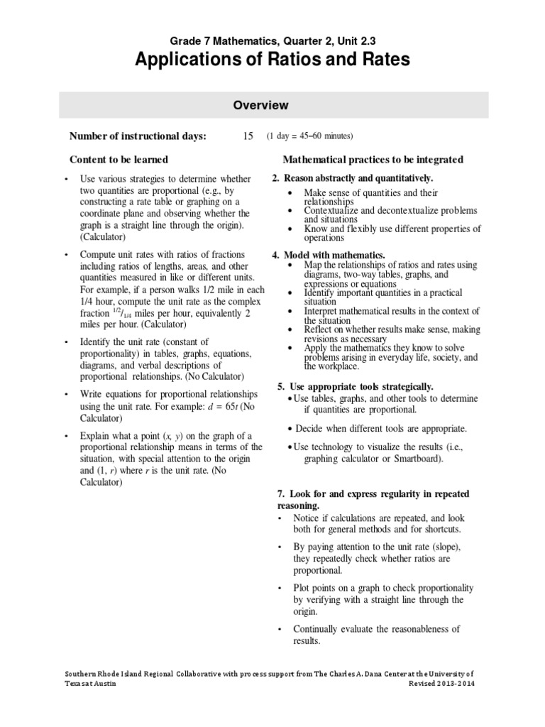 Grade 7 Math: Ratios and Rates Unit | PDF | Ratio | Teaching Mathematics