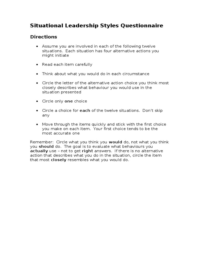 Situational Leadership Styles Questionnaire | PDF | Leadership ...