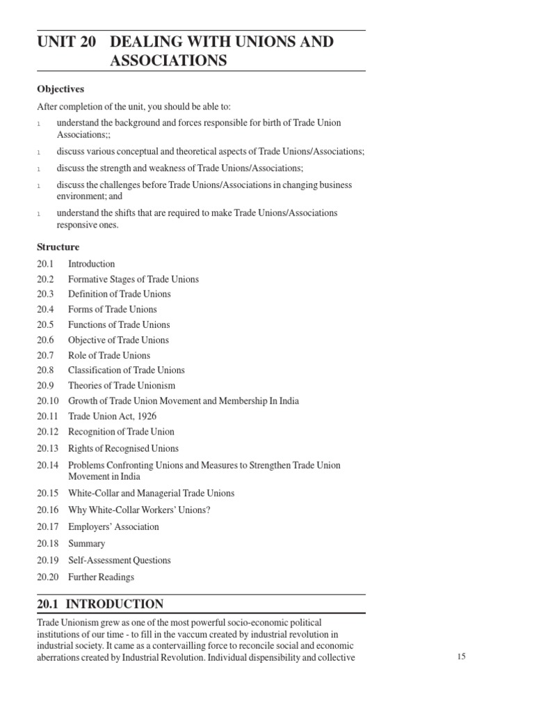 Unit 20 Dealing With Unions and Associations: Objectives | PDF | Trade ...